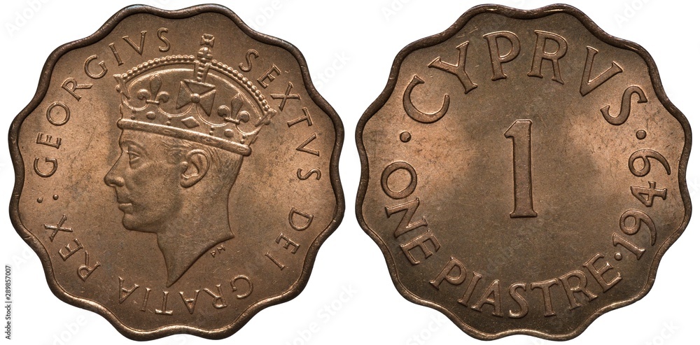 British Cyprus Cyprian coin 1 one piastre 1949, head of King George VI ...