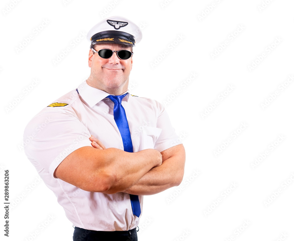 The hero pilot with sunglasses, isolated on white background. Captain ...