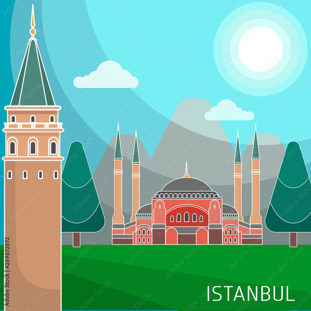 Vector illustration Istanbul with famous turkish landmarks. Travel to ...