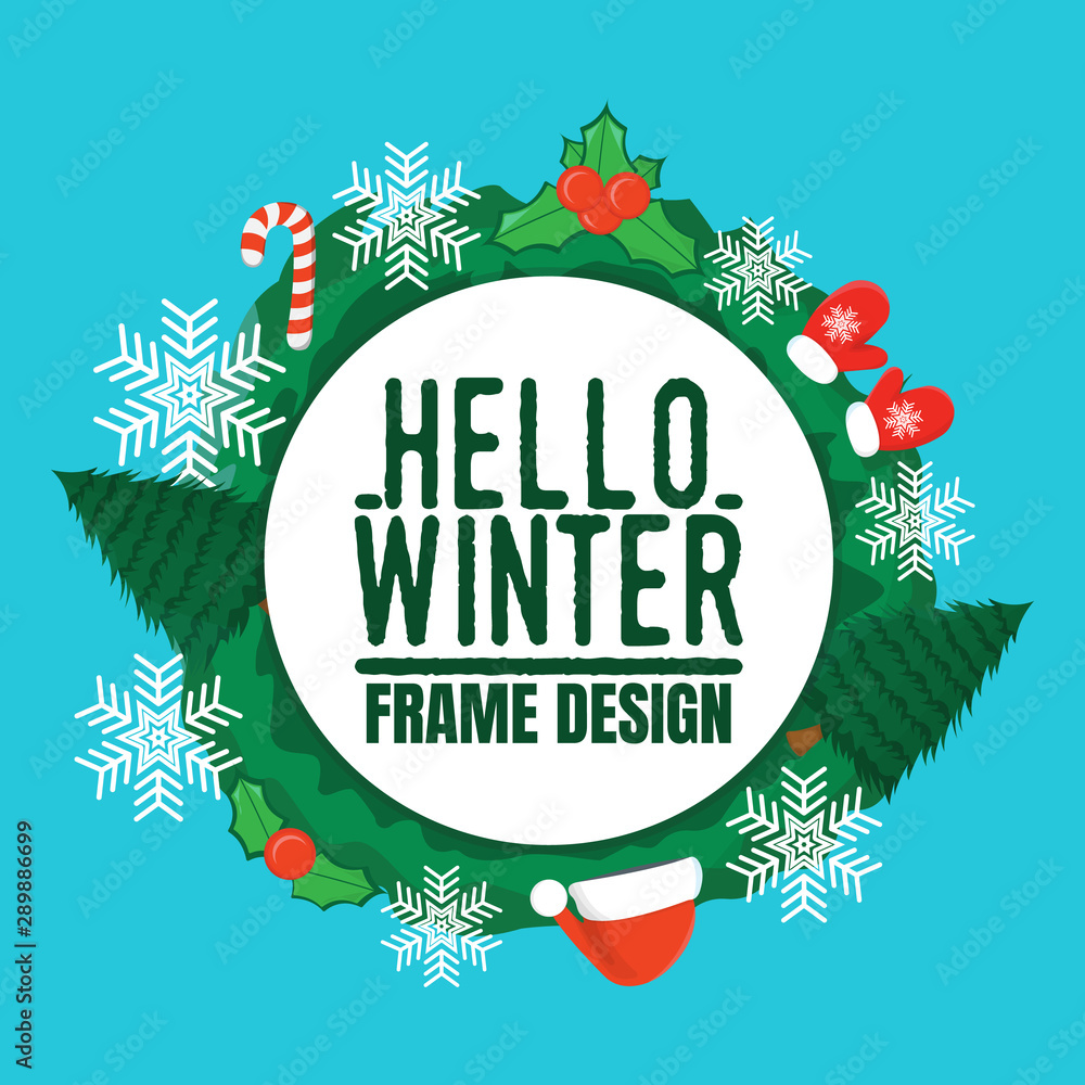 Hello Winter Frame Design Label. Winter background with Christmas tree ...