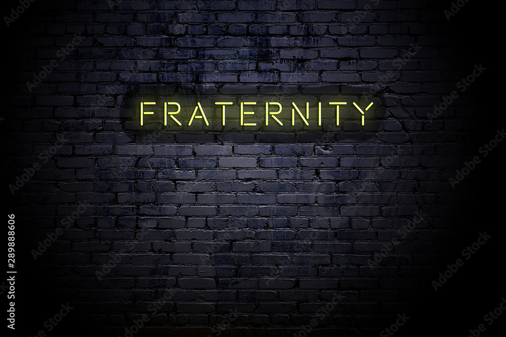 Poster Highlighted brick wall with neon inscription fraternity – Wall ...