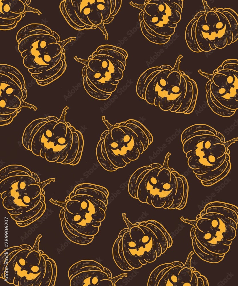 Halloween pumpkins repeat pattern background. Hand drawn cartoon squash ...