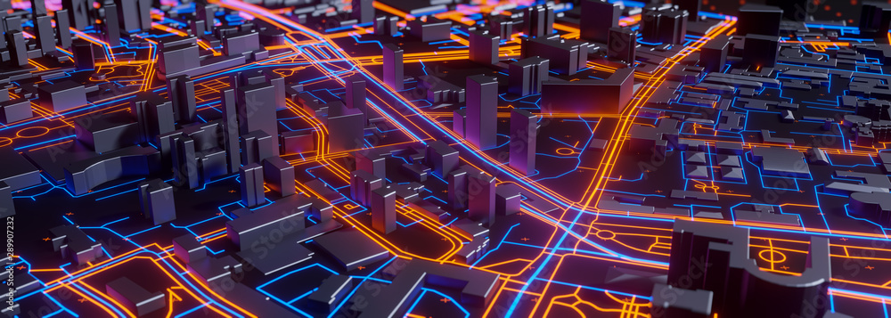 Abstract 3d render of techno panorama landscape city. Urban and ...