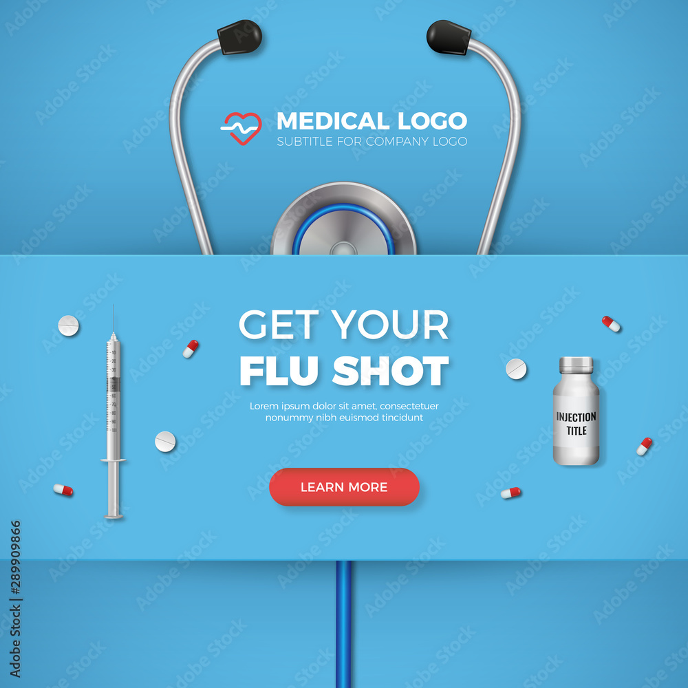 Get Your Flu shot healthcare banner with syringe, logo and flat icons ...