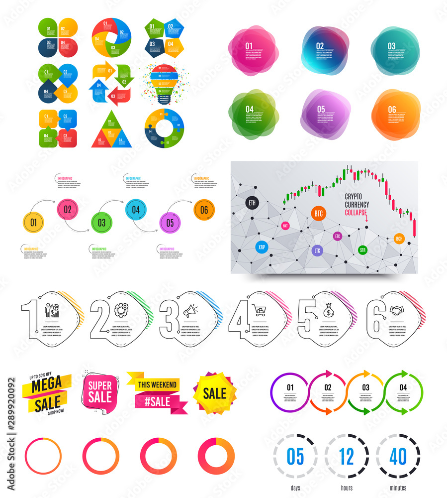 Infographic elements. Financial graph, timelines, options banner badges ...