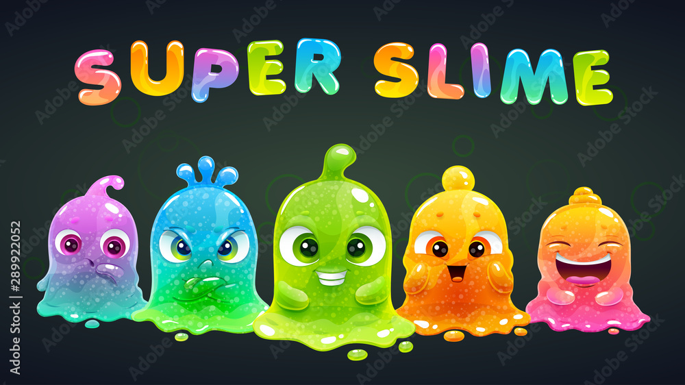 Super slime poster. Funny cute cartoon rainbow slimy characters. Stock ...
