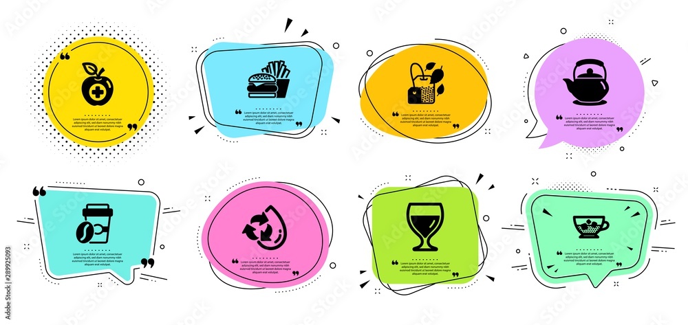 Recycle water, Mint bag and Burger line icons set. Chat bubbles with ...