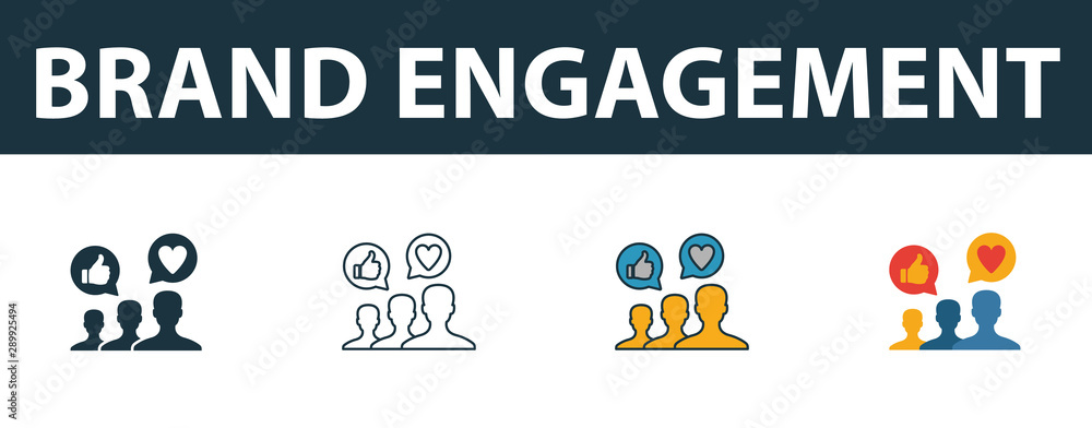 Vetor de Brand Engagement icon set. Four simple symbols in diferent ...