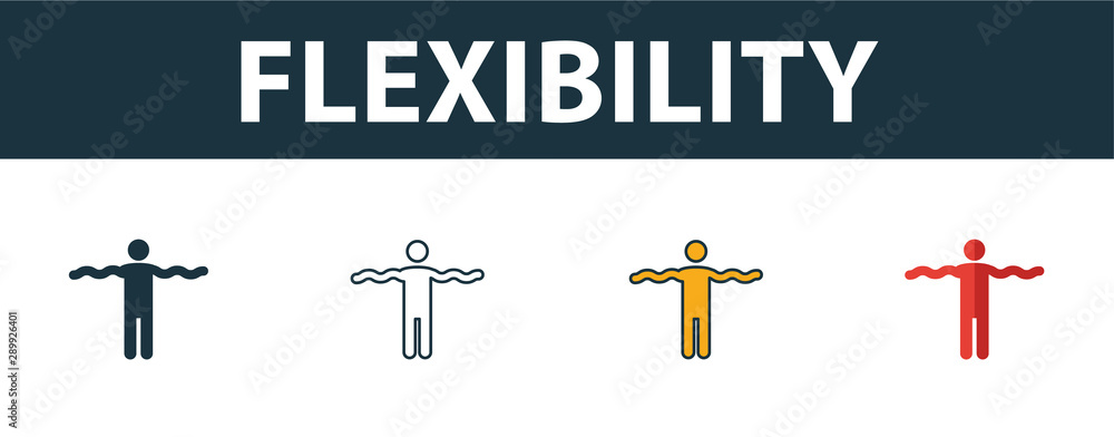 Flexibility icon set. Four simple symbols in diferent styles from soft skills icons collection ...