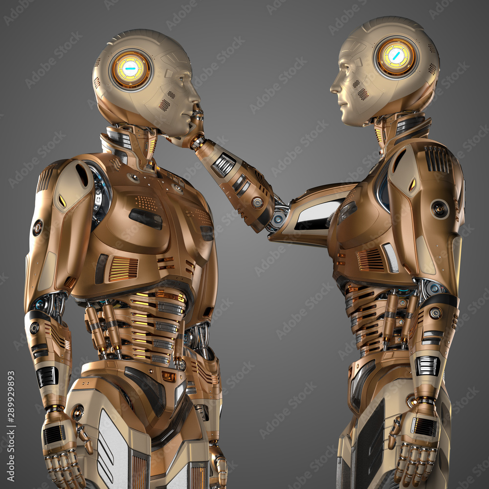 Very detailed futuristic humanoid touching the head of another ...