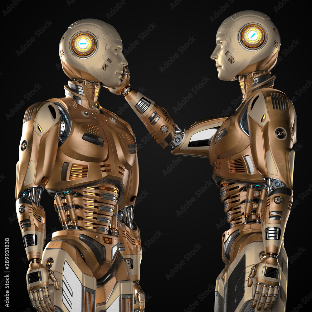 Very detailed futuristic humanoid touching the head of another ...