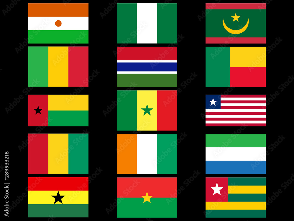 Flags of the 15 West African countries, isolated, black background ...