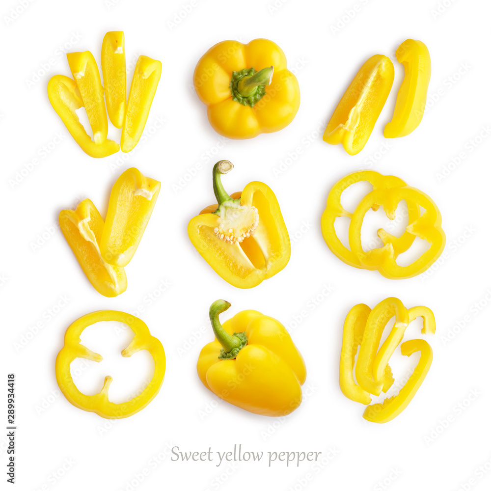 Set of fresh whole and sliced sweet yellow pepper Stock Photo | Adobe Stock