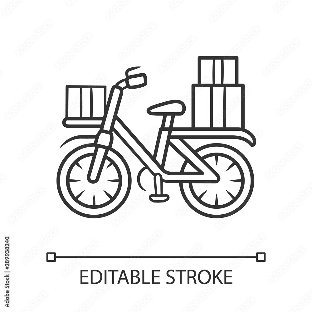 Bicycle delivery linear icon. Bike with parcel packages. Bicycle ...