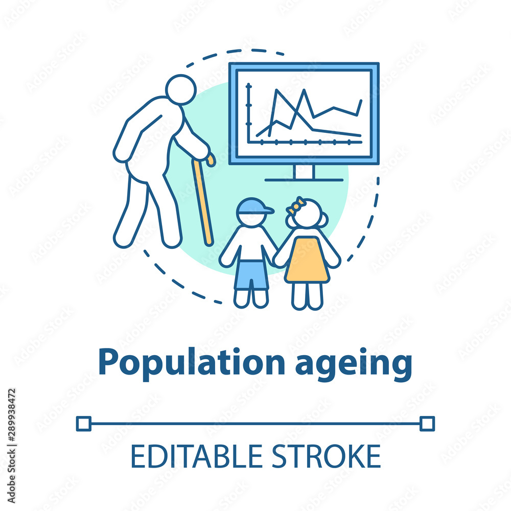 Population ageing concept icon. elderly people number increasing on ...