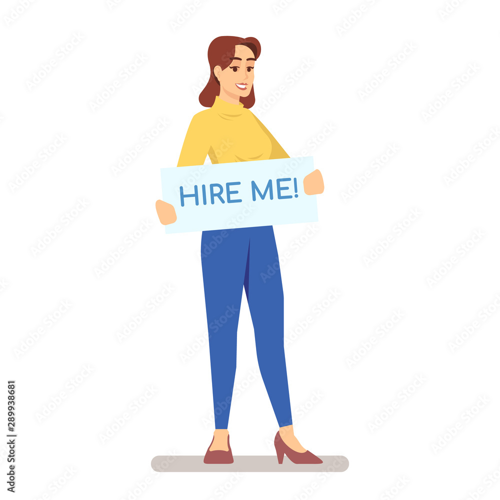 Jobseeker flat vector illustration. Young woman holding placard with ...