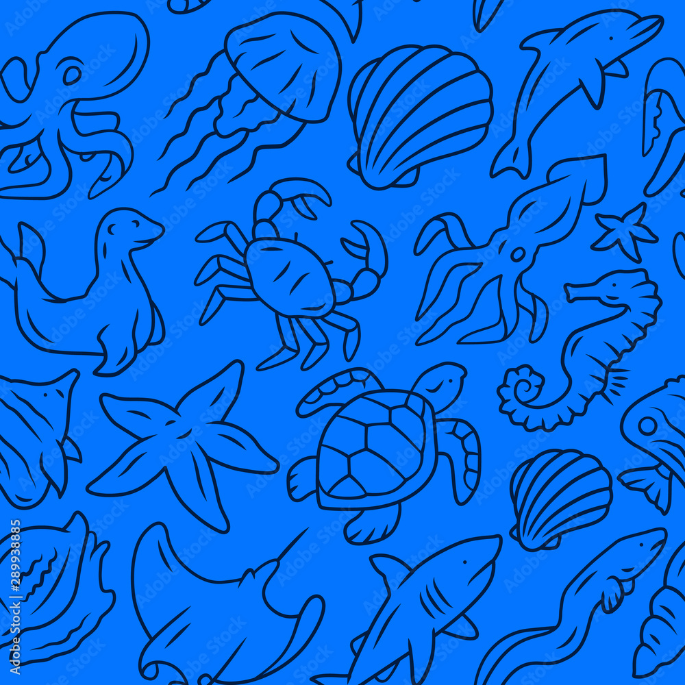 Sea animals vector seamless pattern. Marine habitants background. Blue ...