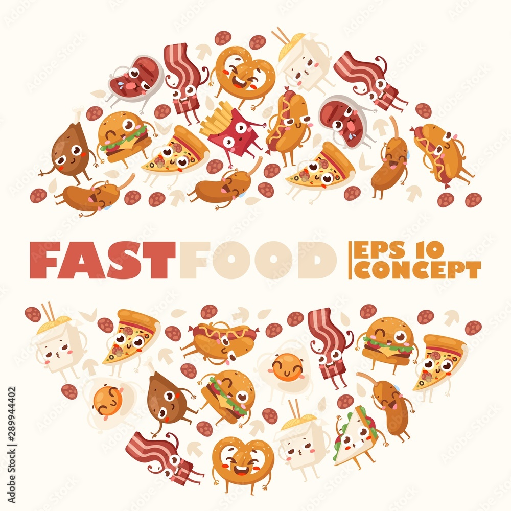 Fast food funny cartoon characters, vector illustration. Round frame ...