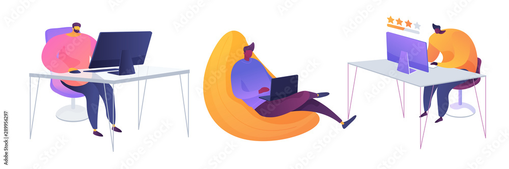 Men with computers flat vector illustrations set. IT company workers ...