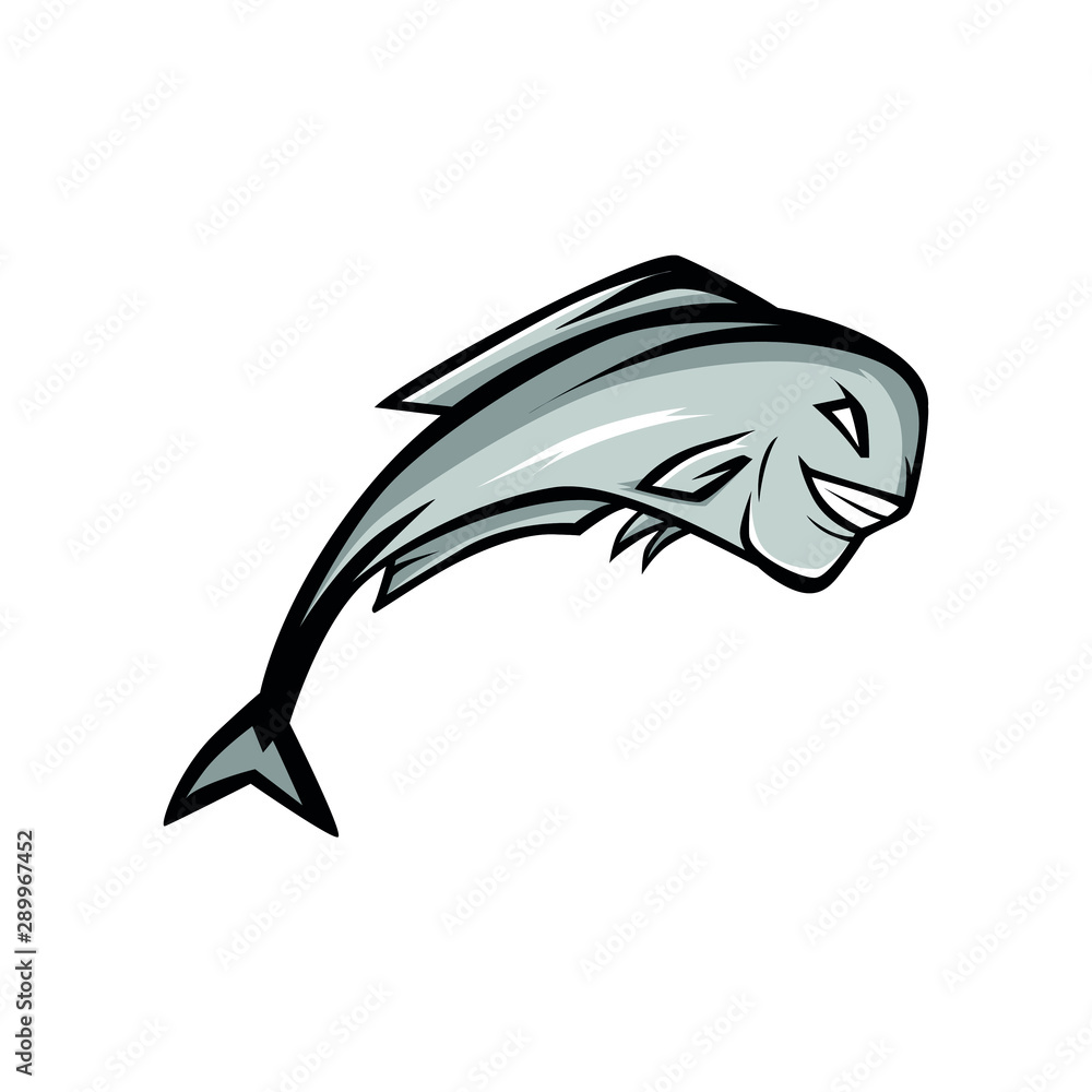 Grey Mahi-mahi fish mascot logo. Flying fish mascot Stock Vector ...