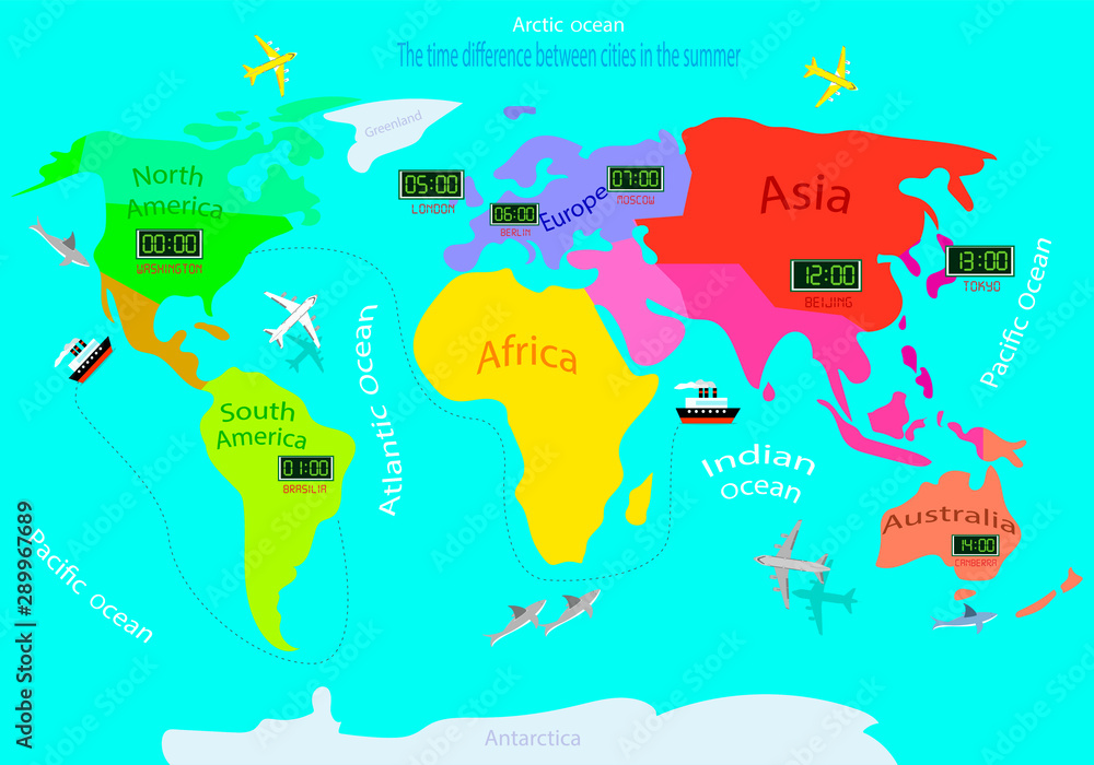 Time zones on a world map. Time difference between countries in summer ...