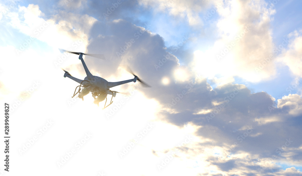 3D illustration of a weaponized UAV drone in flight. Fictitious UAV and ...