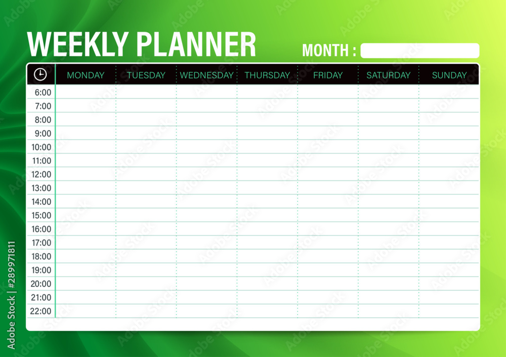 Simple Weekly schedule planner template with green gradient color ...