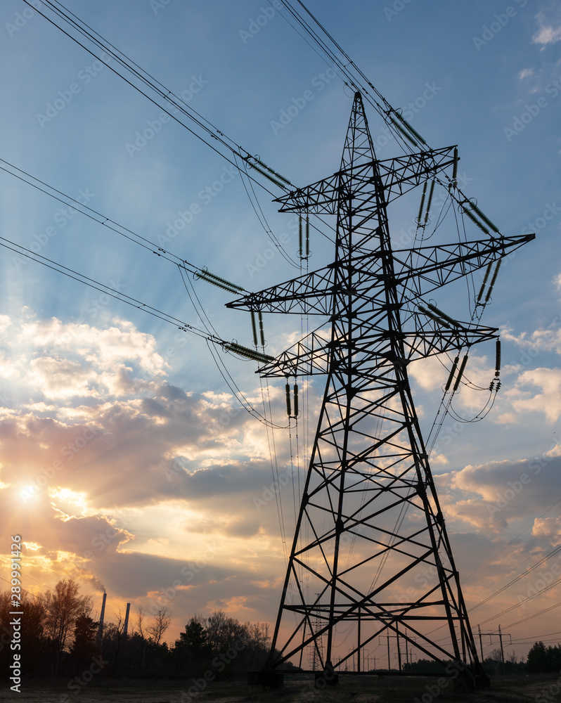 High-voltage power lines. Electricity distribution station. high ...