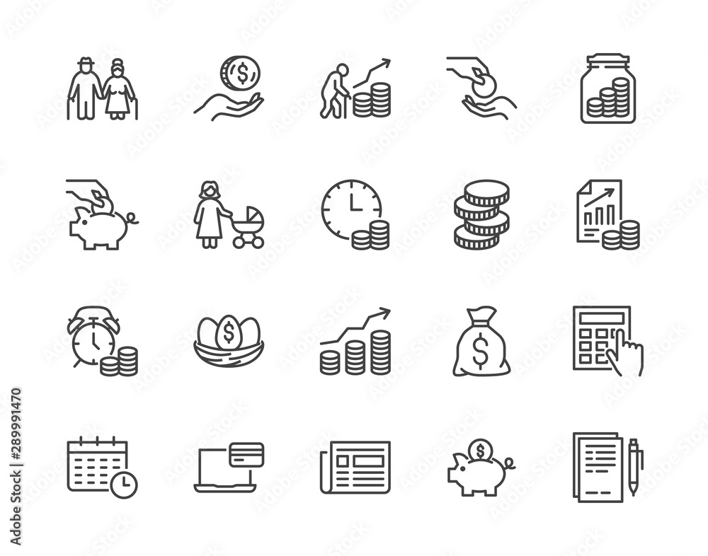 Retirement plan flat line icons set. Pension payment, money deposit ...