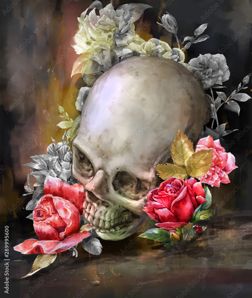 Creepy human skull for horror, Halloween or death themed.with rose ...