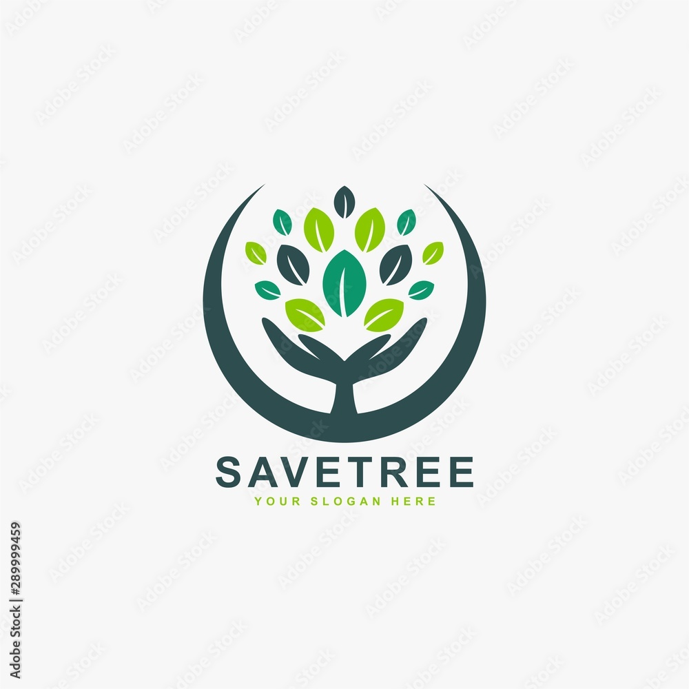 Hand tree logo design vector. Plant care illustration sign. Green leaf ...