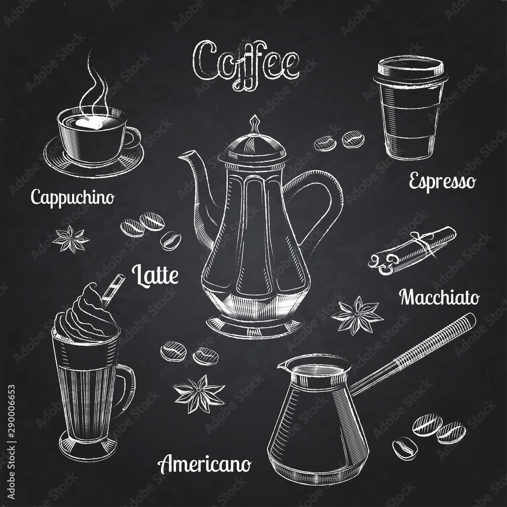 Coffee illustration on a chalkboard hand drawn collection. Vector ...