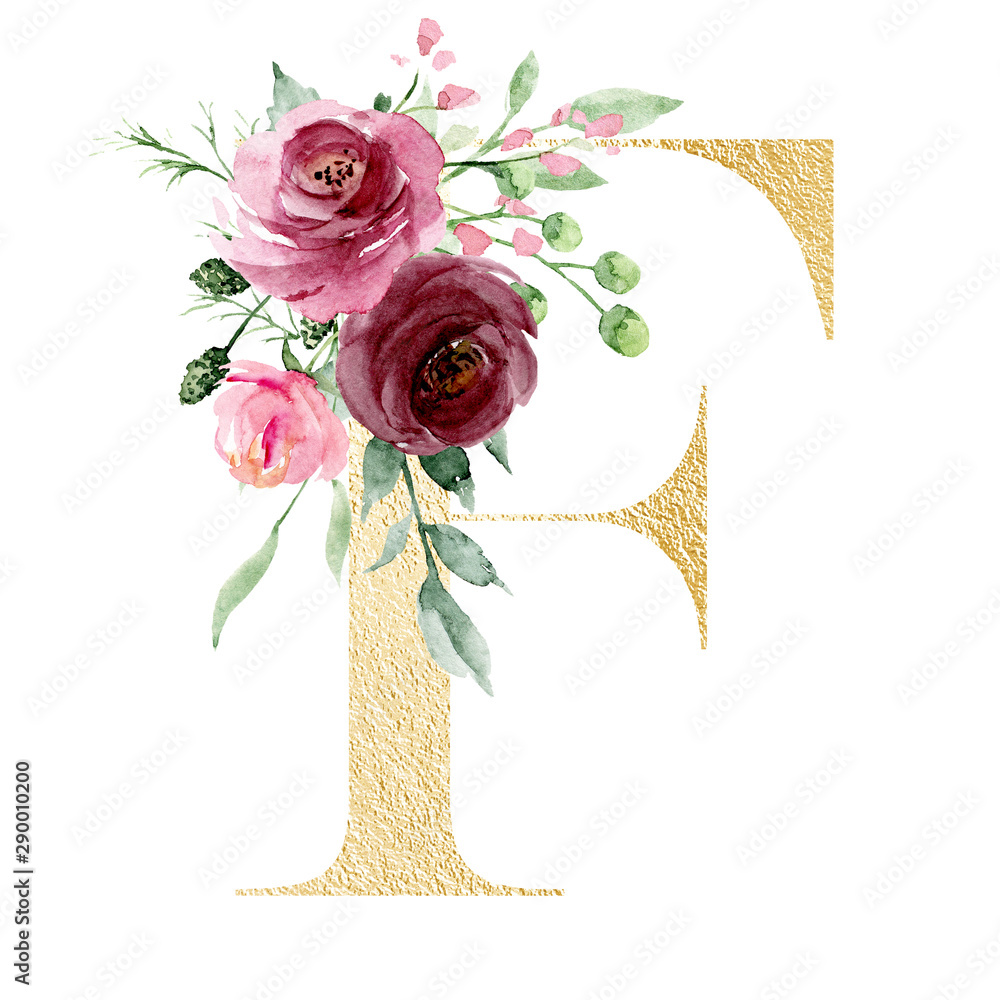 Gold alphabet, letter F with watercolor flowers and leaf. Floral ...