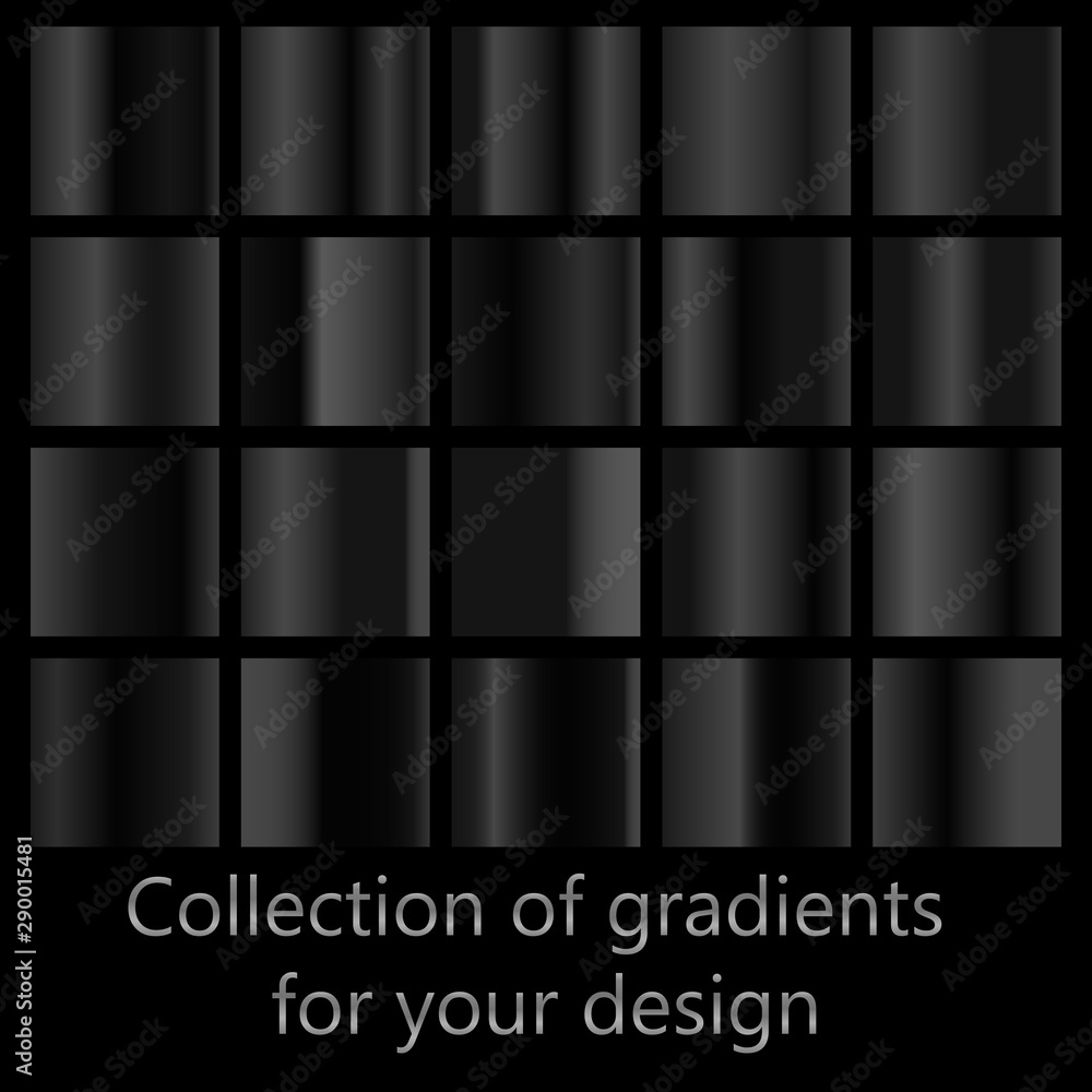 Collection of black gradient backgrounds. Set of black metallic ...