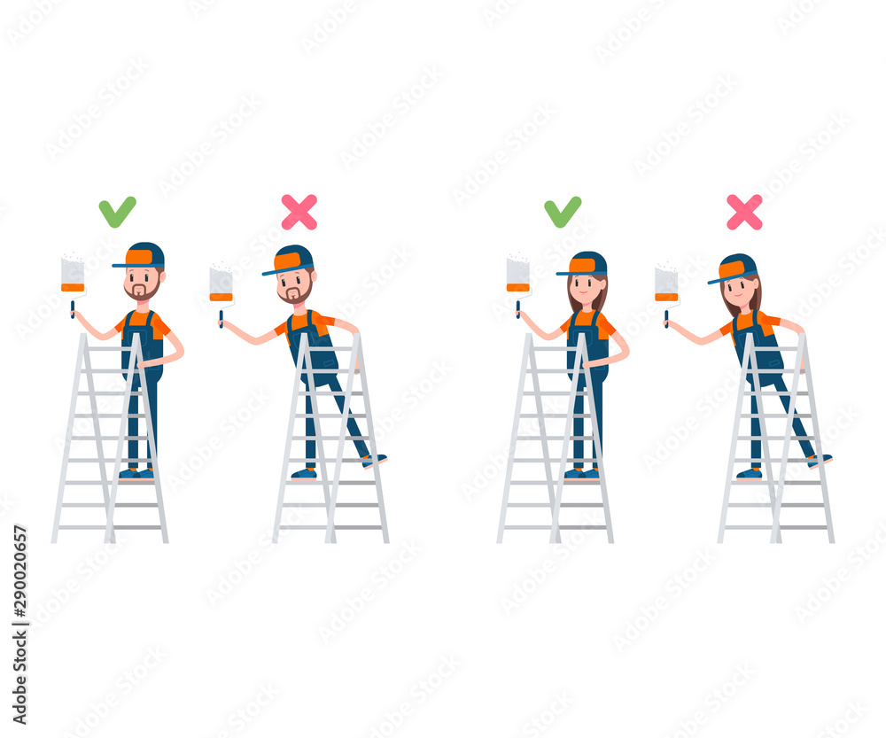 Ladder safety right and wrong position. Man and woman painting wall on ...