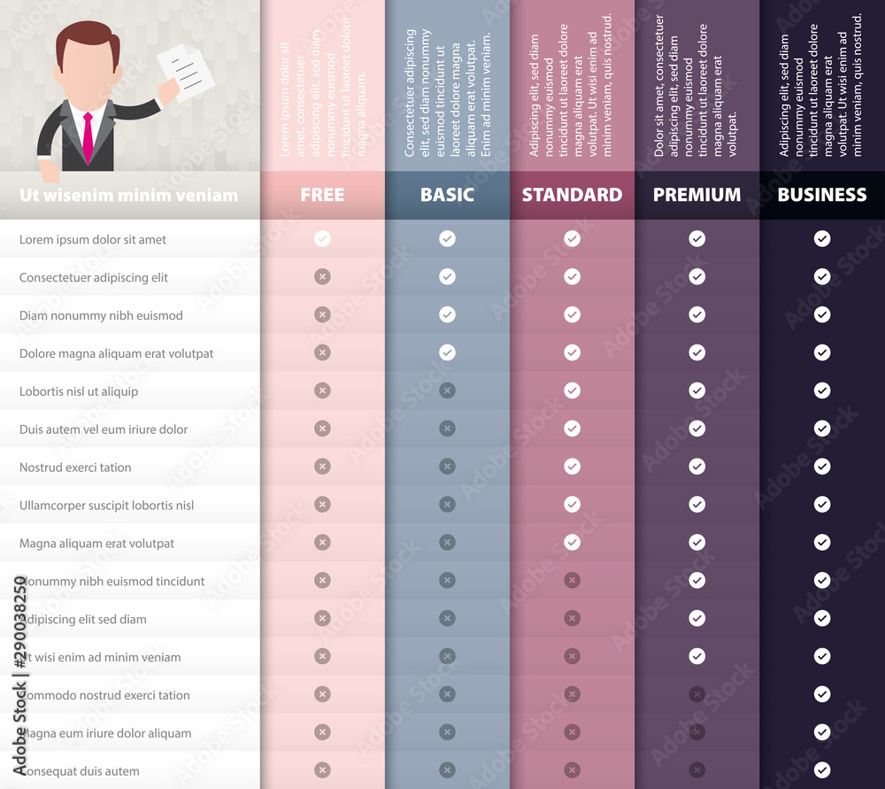Vector price comparison table for five products, cards for comparing ...