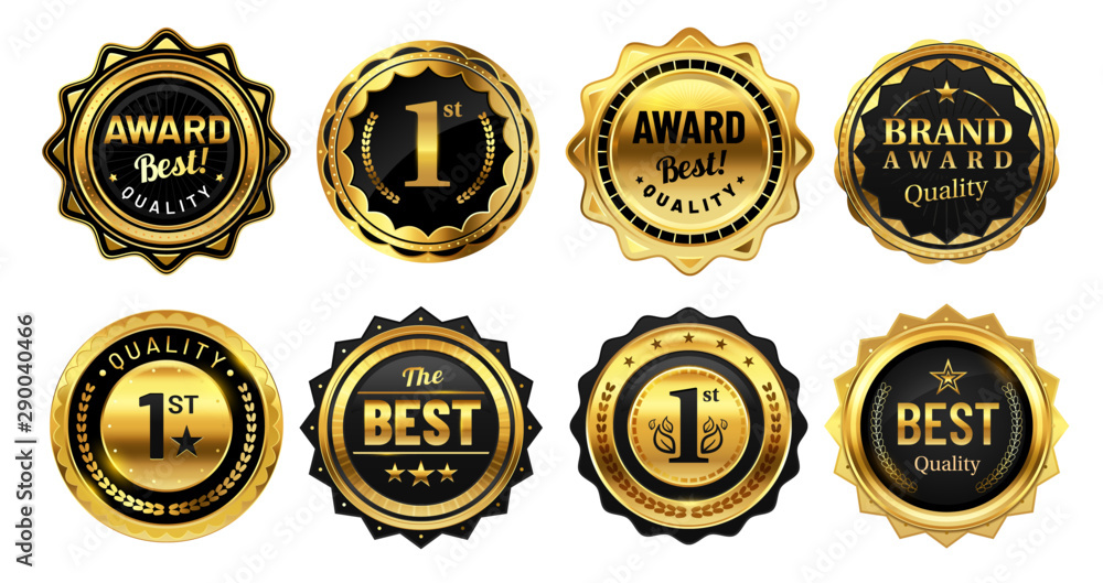 Golden winner badges. Retro gold quality stamp, exclusive circle badge ...