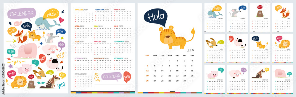 Funny calendar 2020 with wild cartoon animals. Vector hand drawn ...