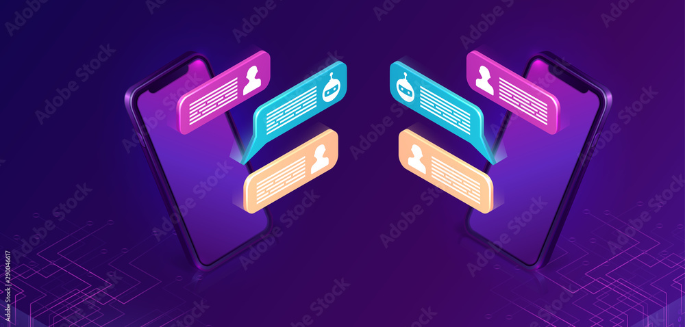 Chat bot or mobile chatting, isometric concept vector illustration ...