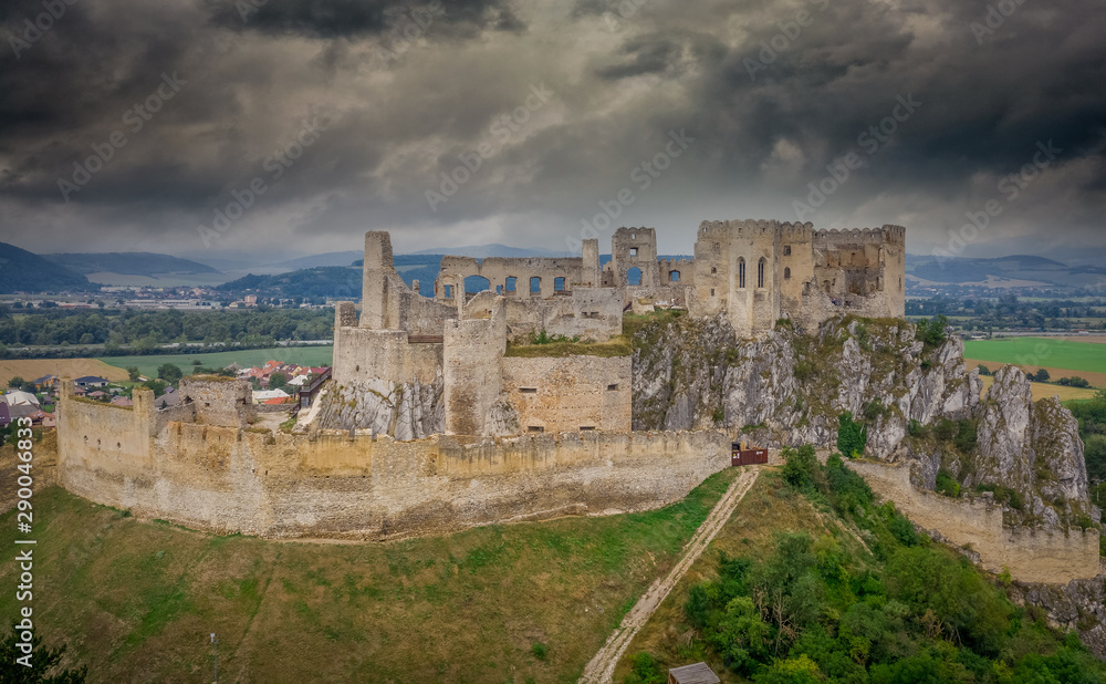 Aerial view of medieval Beckov castle with inner and outer courtyard ...