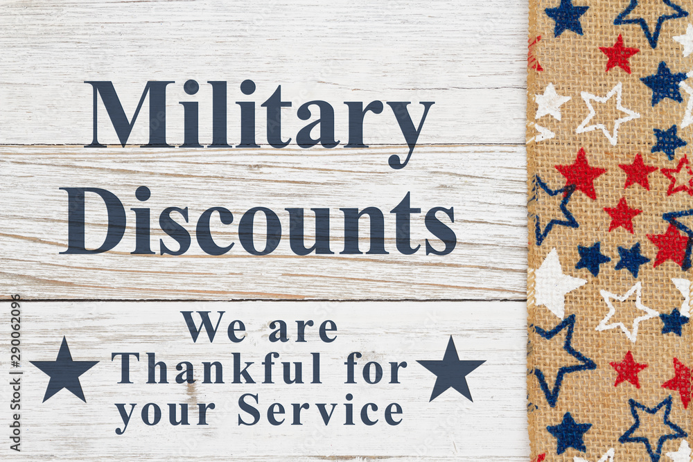 Military Discounts message with stars on a weathered whitewash wood ...