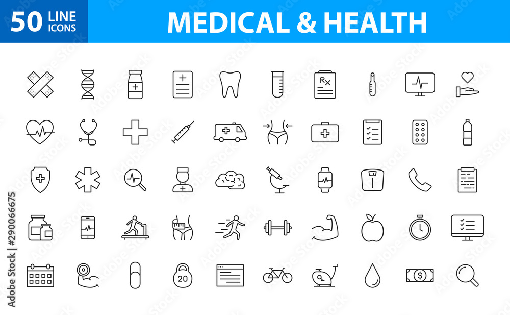 Set of 50 Medical and Health web icons in line style. Medicine and ...