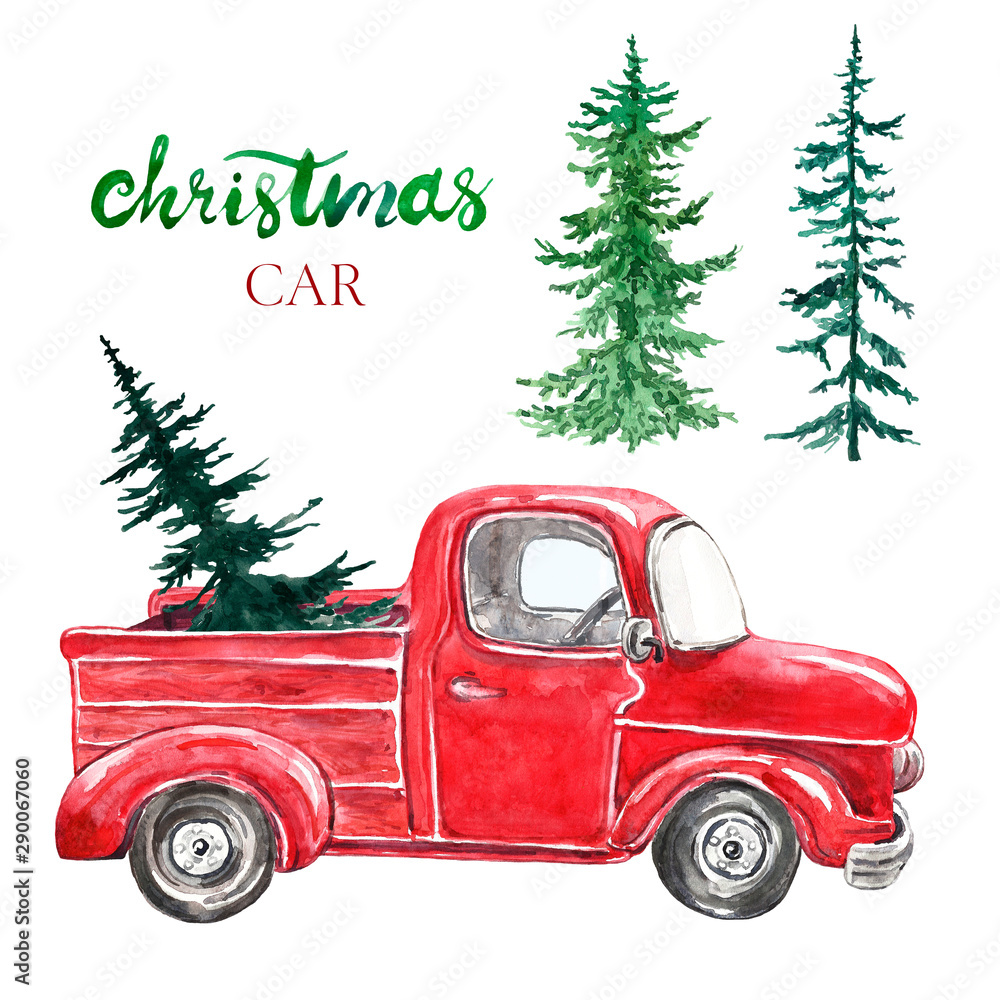 Watercolor red Christmas truck with pine tree, isolated on white ...