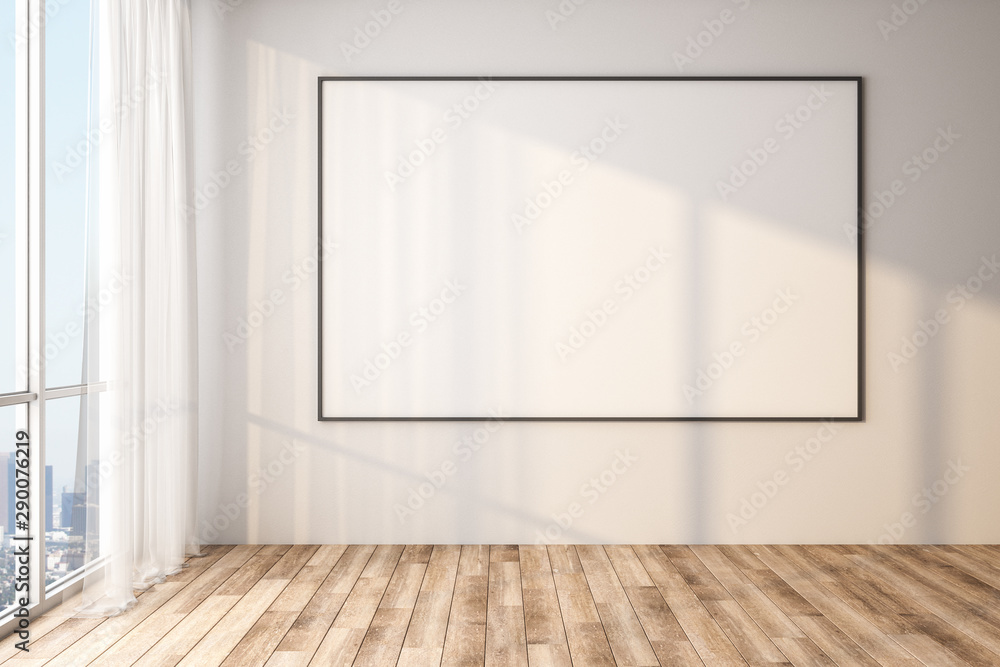 Blank poster on white wall in modern empty room with big windows and ...