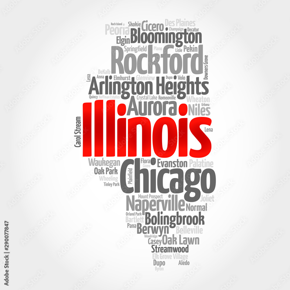 List of cities in Illinois USA state, map silhouette word cloud map ...