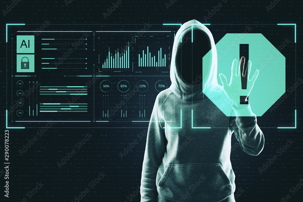 Cyber security concept with no face hacker touching digital screen with ...