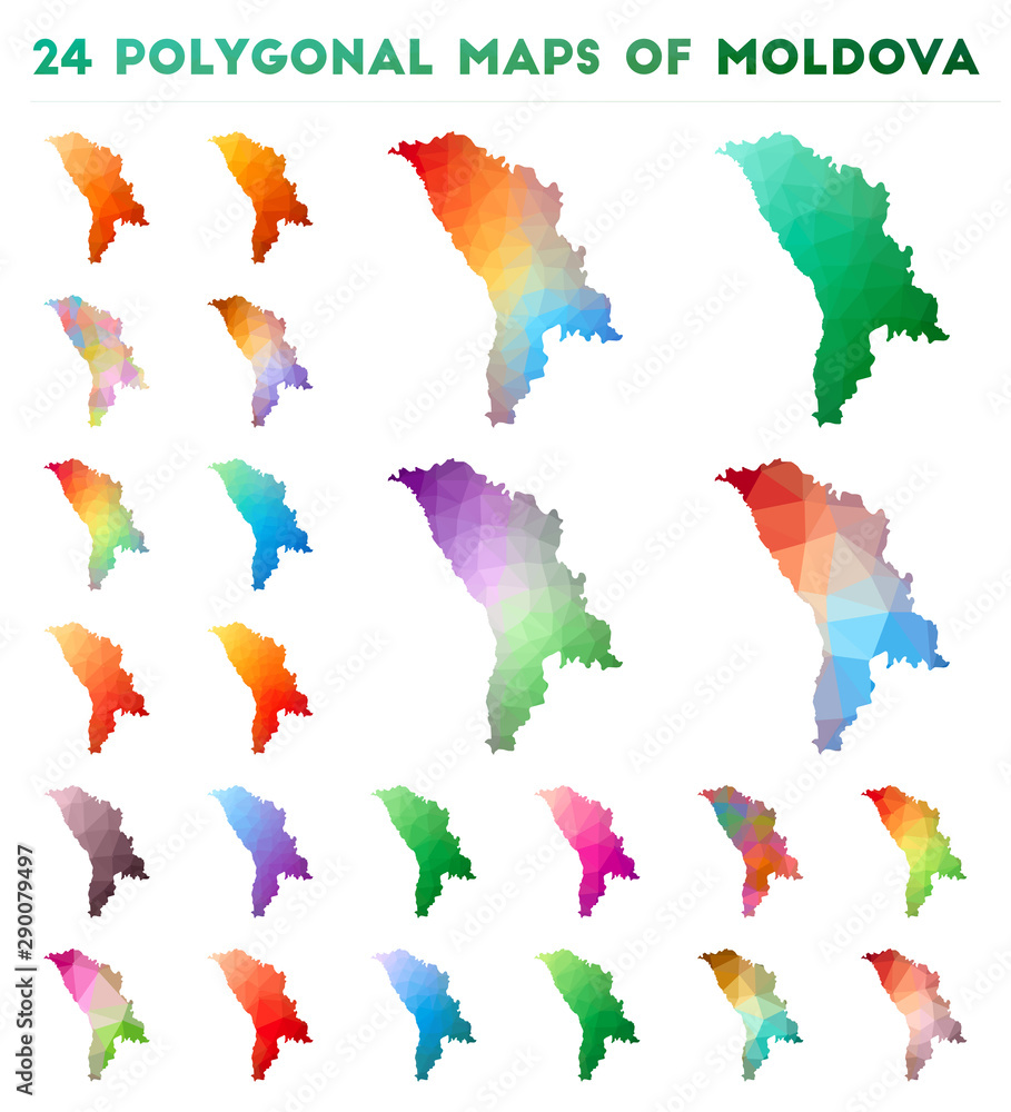 Set of vector polygonal maps of Moldova. Bright gradient map of country ...