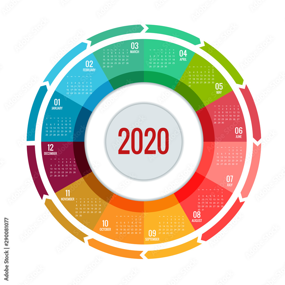 Colorful round calendar 2020 design, Print Template, Your Logo and Text ...