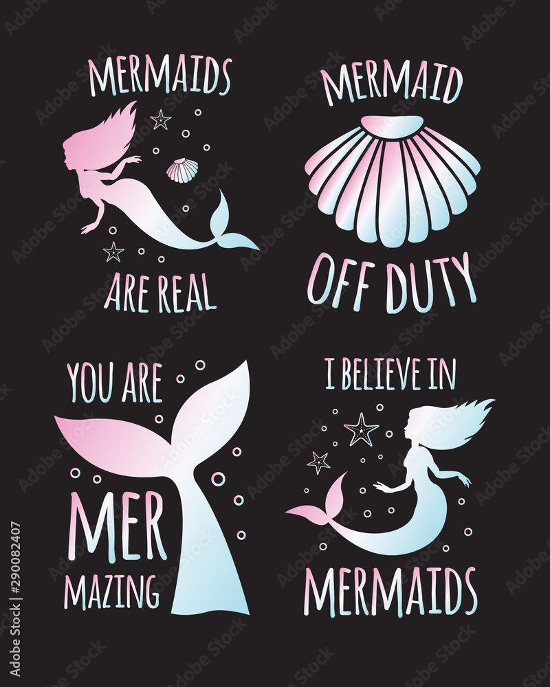 Vector set bundle of holographic mermaid silhouettes with quote and sea ...