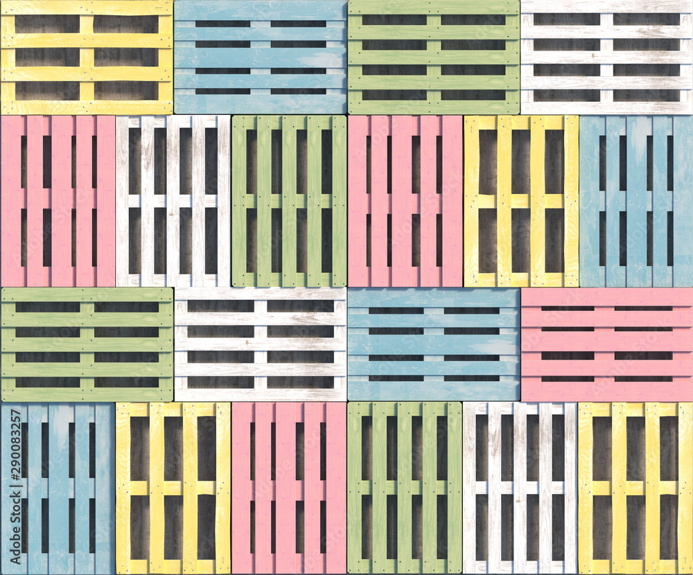 Wooden pallets of different pastel colors and shapes lie in a row in a ...